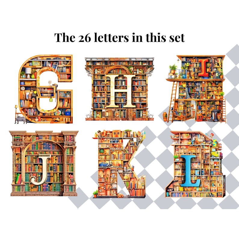 Library Bookshelf Alphabet Clipart | PNG Vintage Letters | Book Themed ...