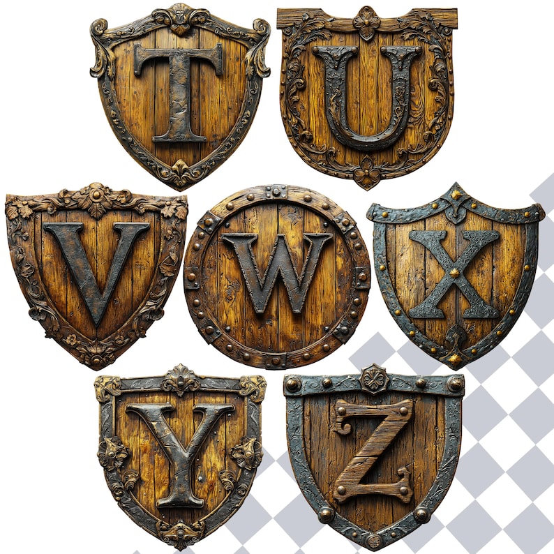 Wooden Shield Alphabet Clipart | Fantasy Medieval Letters | Graphic ...