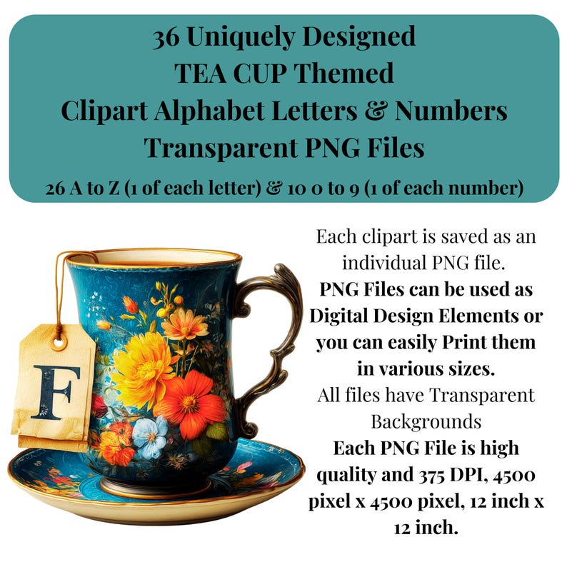 Vintage Teacup Clipart Alphabet Letters & Numbers | Tea Cup PNG Images ...