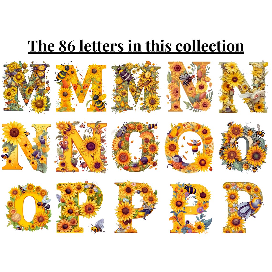 Bee and Sunflower Clipart Alphabet Letters PNG Files for Floral Digital ...