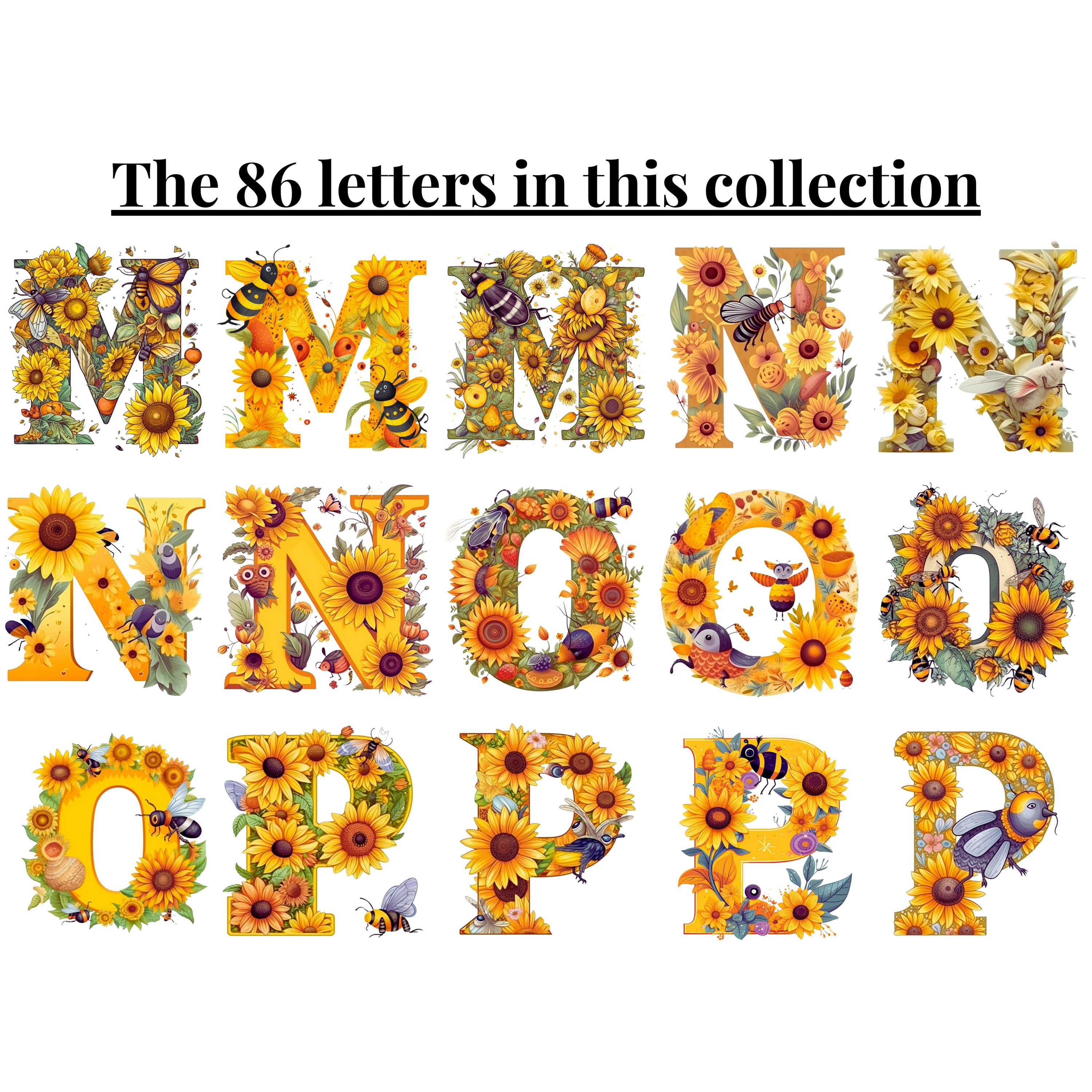 Bee and Sunflower Clipart Alphabet Letters PNG Files for Floral Digital ...