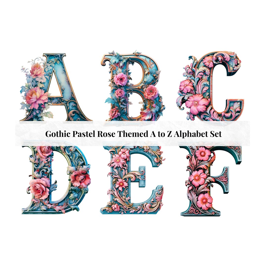 Gothic Clipart Alphabet Letters PNG Files for Pastel Rose - Etsy
