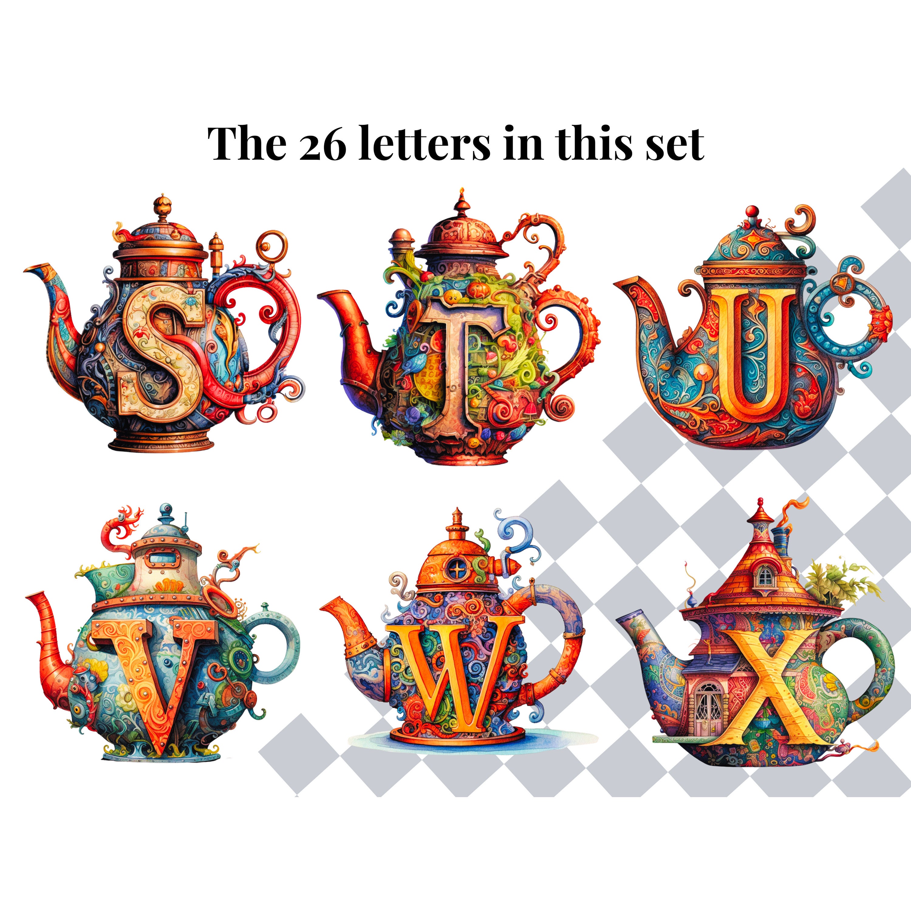 Teapot Clipart Letters | PNG Fantasy Fonts | Tea Party Themed Alphabet ...