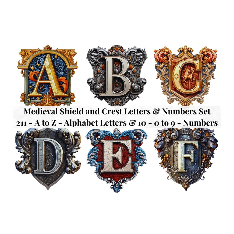 Medieval Clipart Alphabet Letters Numbers PNG Files for Shield Digital ...