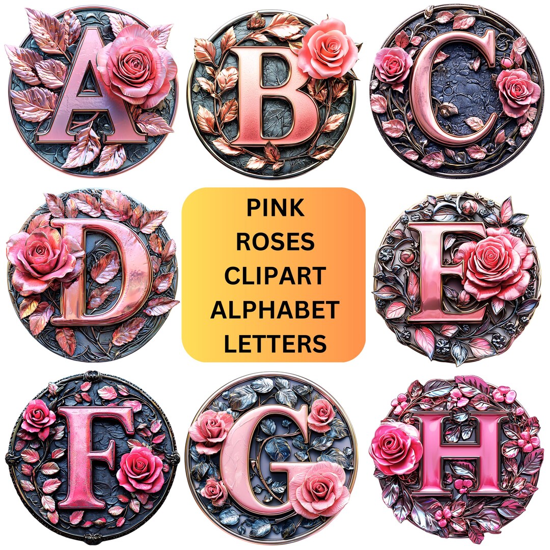Pink Roses Clipart Alphabet Letters | Vintage Floral Pink Rose PNG Font ...