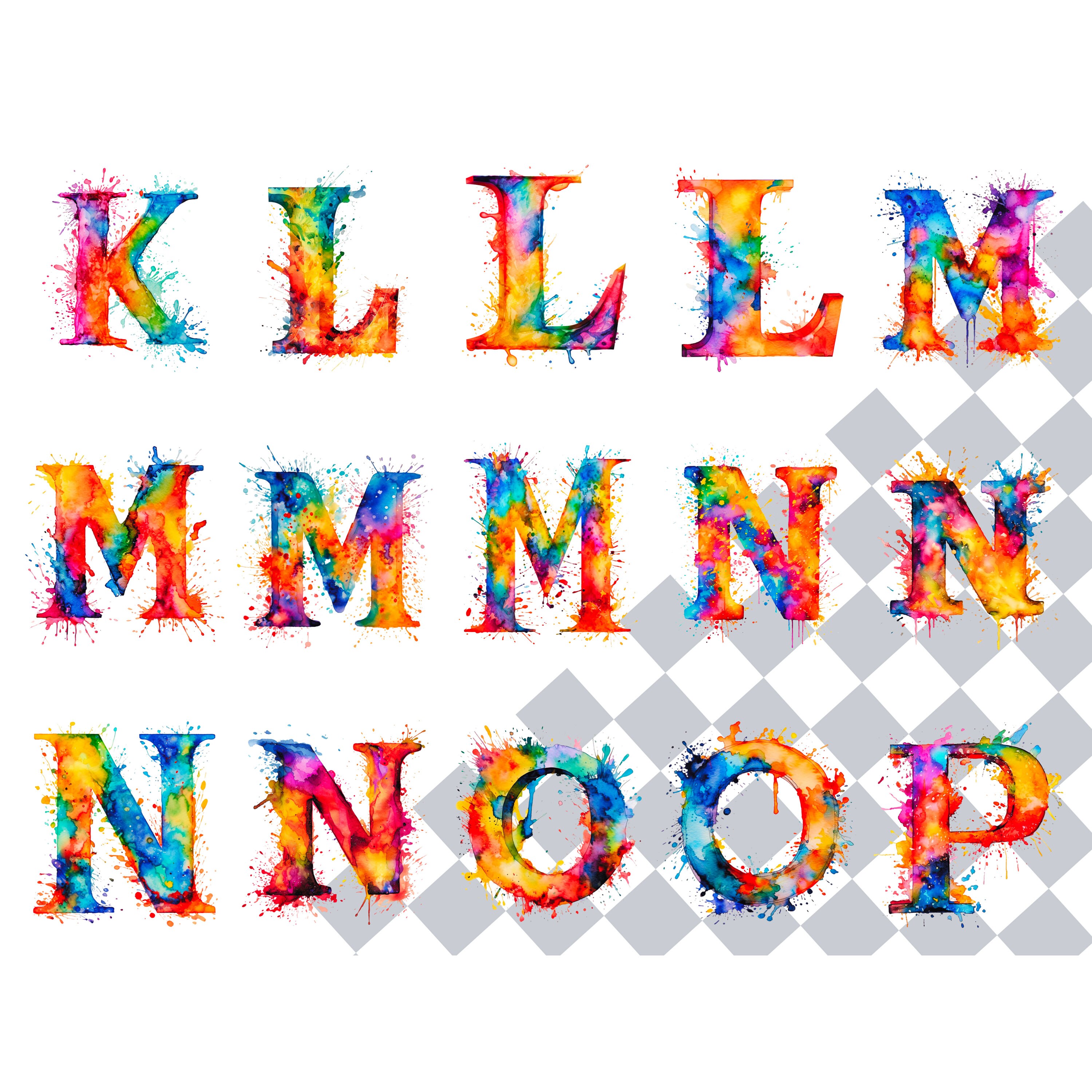 Watercolor Splash Clipart: Rainbow Letters and Numbers (PNG Digital ...