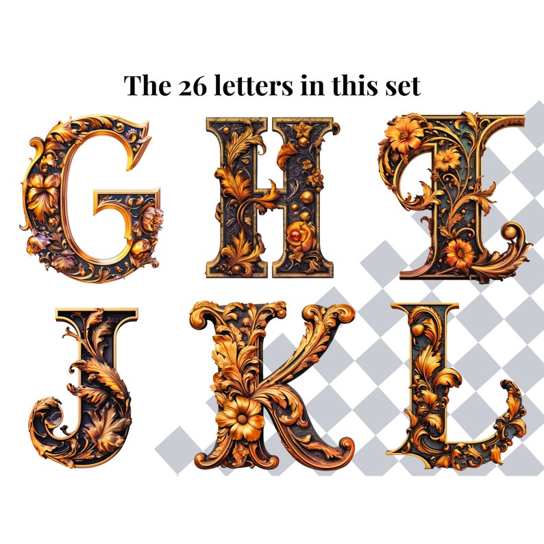 Gothic Gold Floral Alphabet Clipart: Rose Letters (PNG Digital Download ...