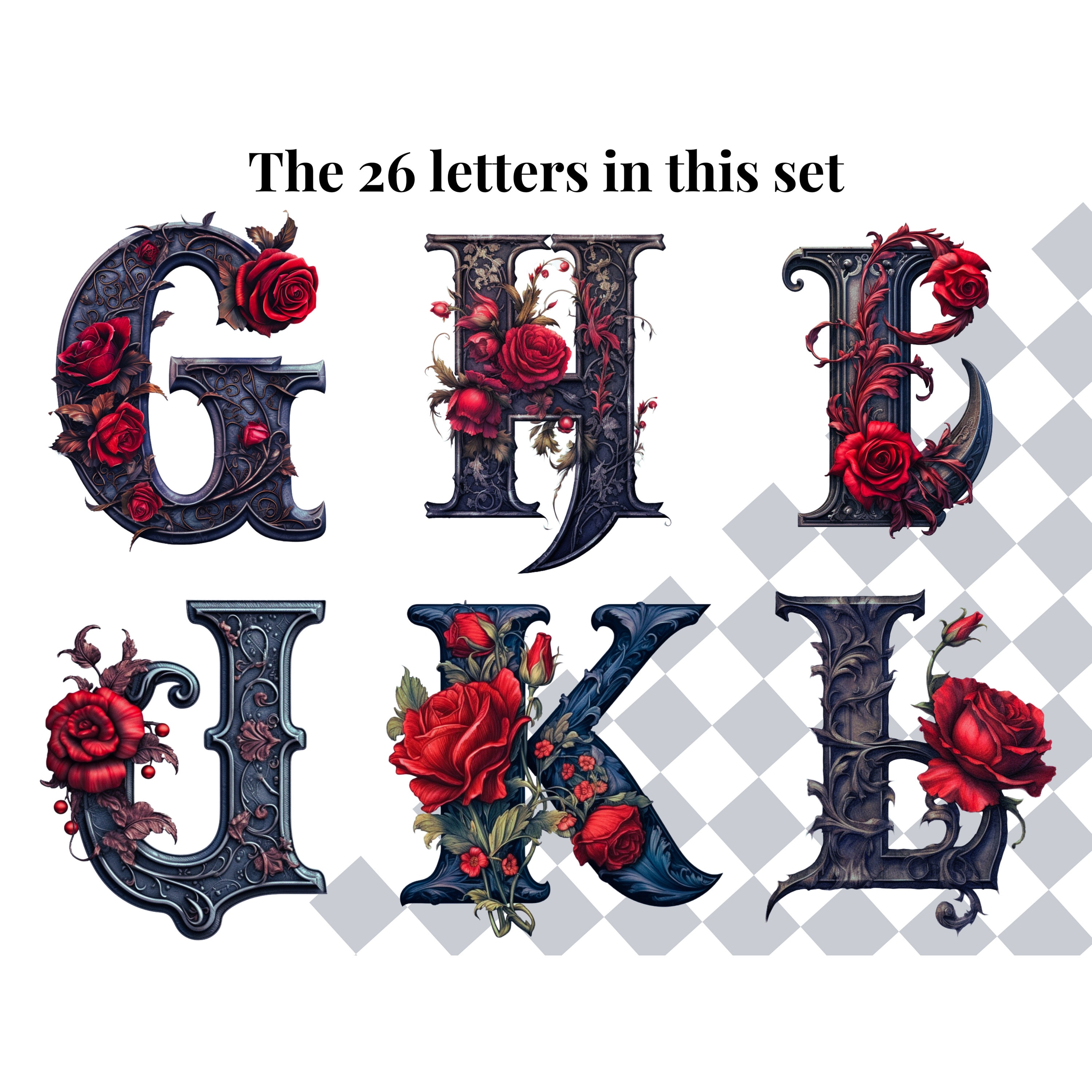 Gothic Clipart Alphabet Letters PNG Files for Red Rose Floral Digital ...