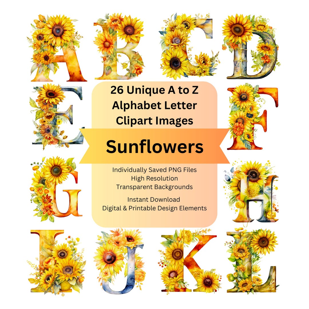 Watercolor Sunflower Alphabet Clipart: A-Z Decorative Letters (digital ...
