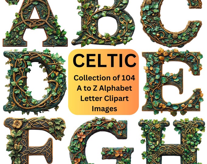 Celtic Alphabet Watercolor Png, 26 Floral Letters Clipart, Digital ...