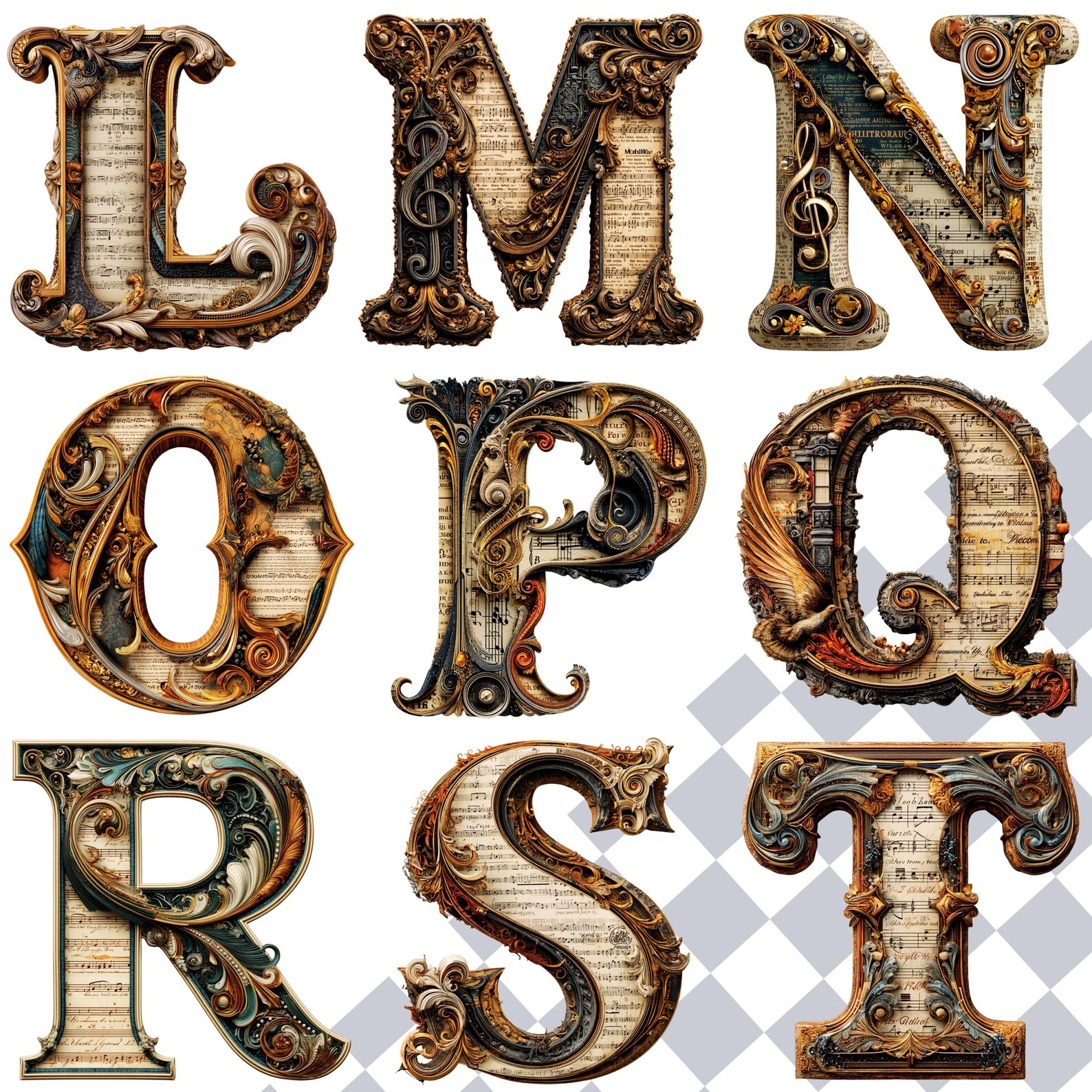 Music Clipart Alphabet Letters | Retro Musical Font PNG Files | Digital ...