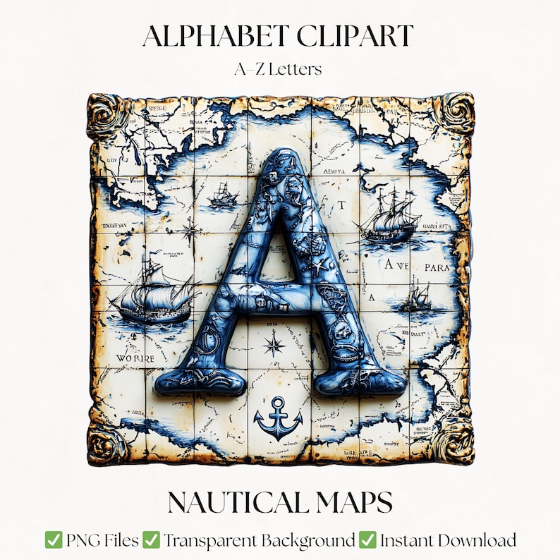 Nautical Map Clipart Alphabet Letters | Vintage Ocean PNG Font Images ...