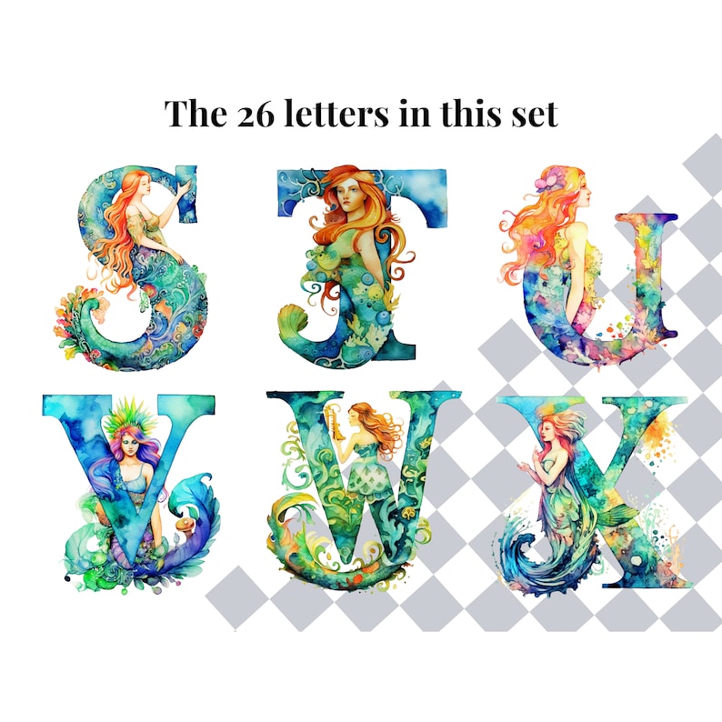Watercolor Mermaid Clipart Alphabet Letters | PNG Fantasy Fonts ...