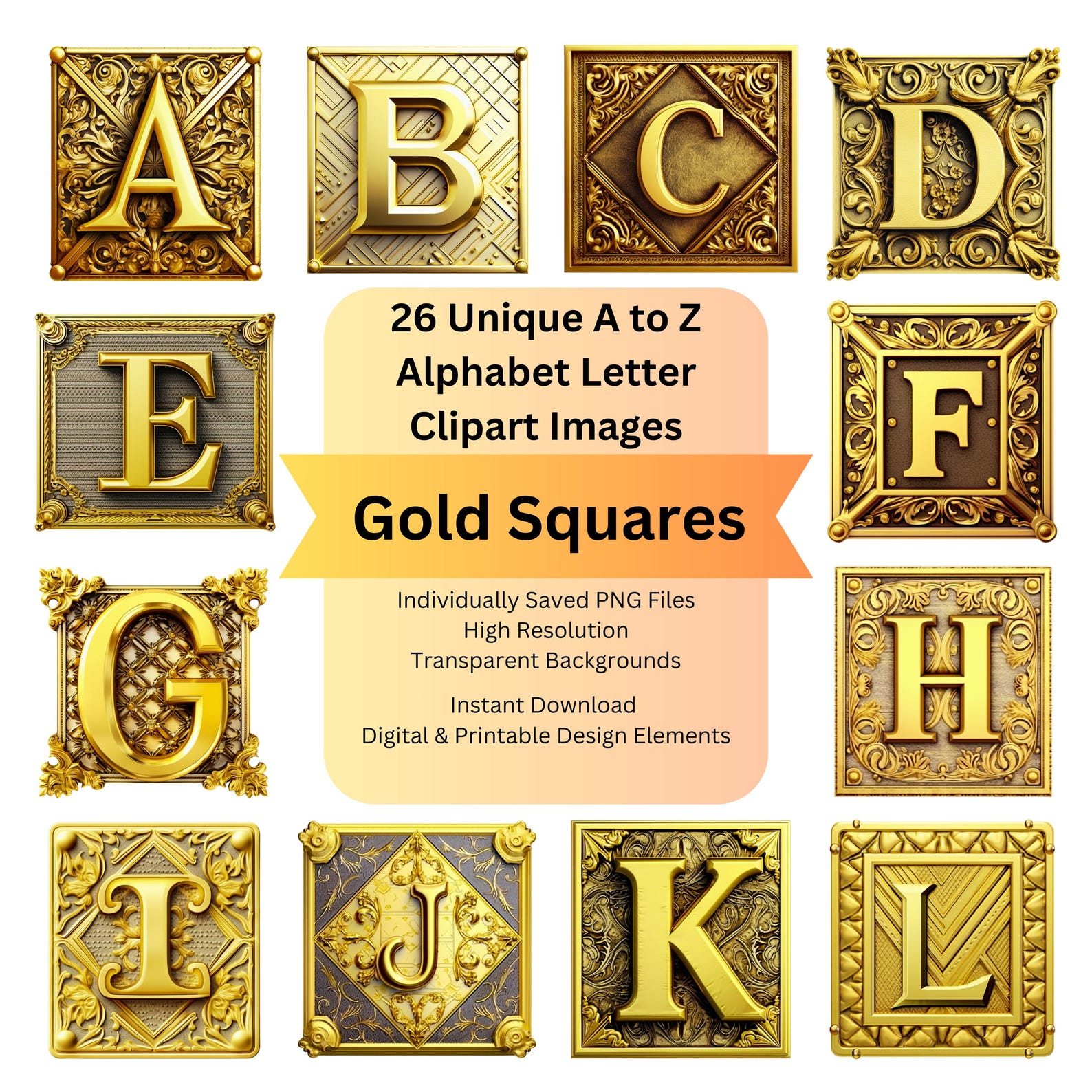 Gold Alphabet Clipart: Decorative Lettering, Fancy Fonts (PNG Digital ...