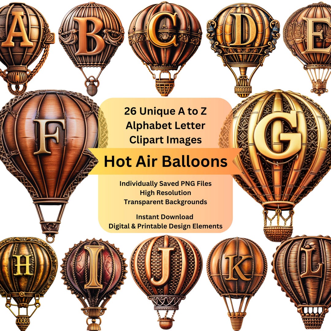 Steampunk Hot Air Balloon Alphabet Clipart: Bronze PNG Letters (digital ...