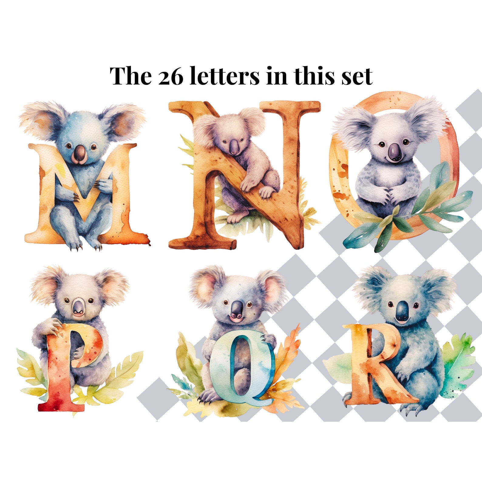 Koala Clipart Animal Alphabet Letters PNG for Instant Download ...