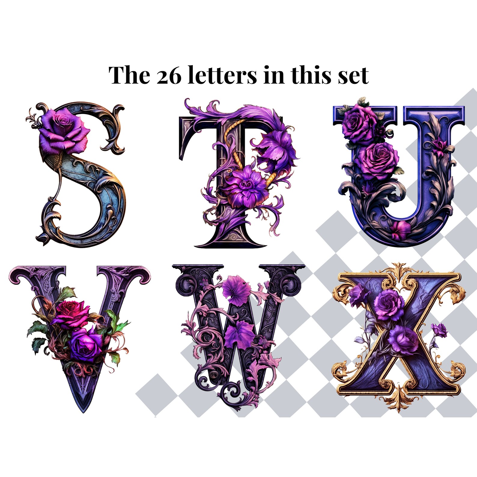 Gothic Clipart Alphabet Letters PNG Files for Purple Rose Floral ...