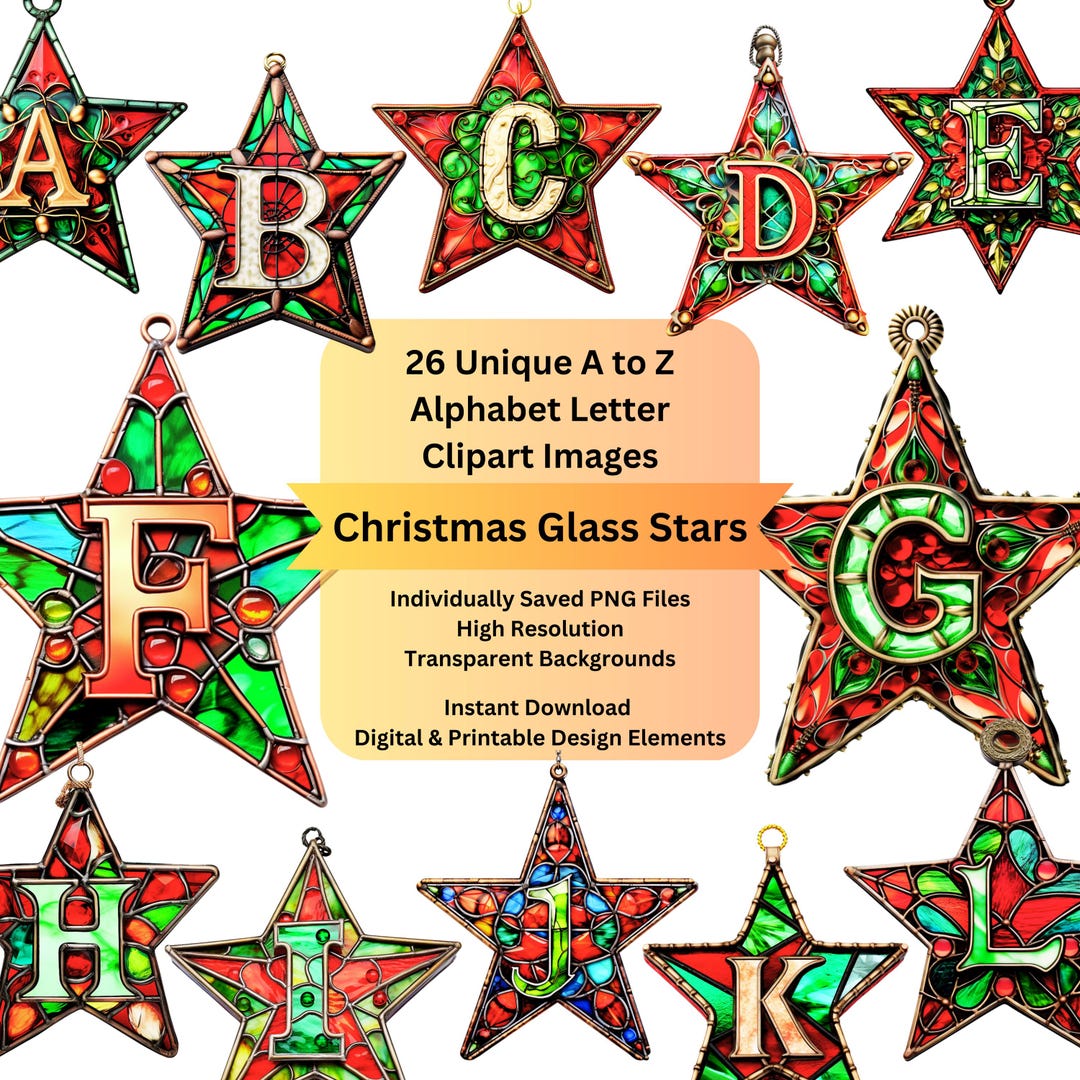 Christmas Star Clipart Alphabet Letters PNG Files for Stained Glass ...