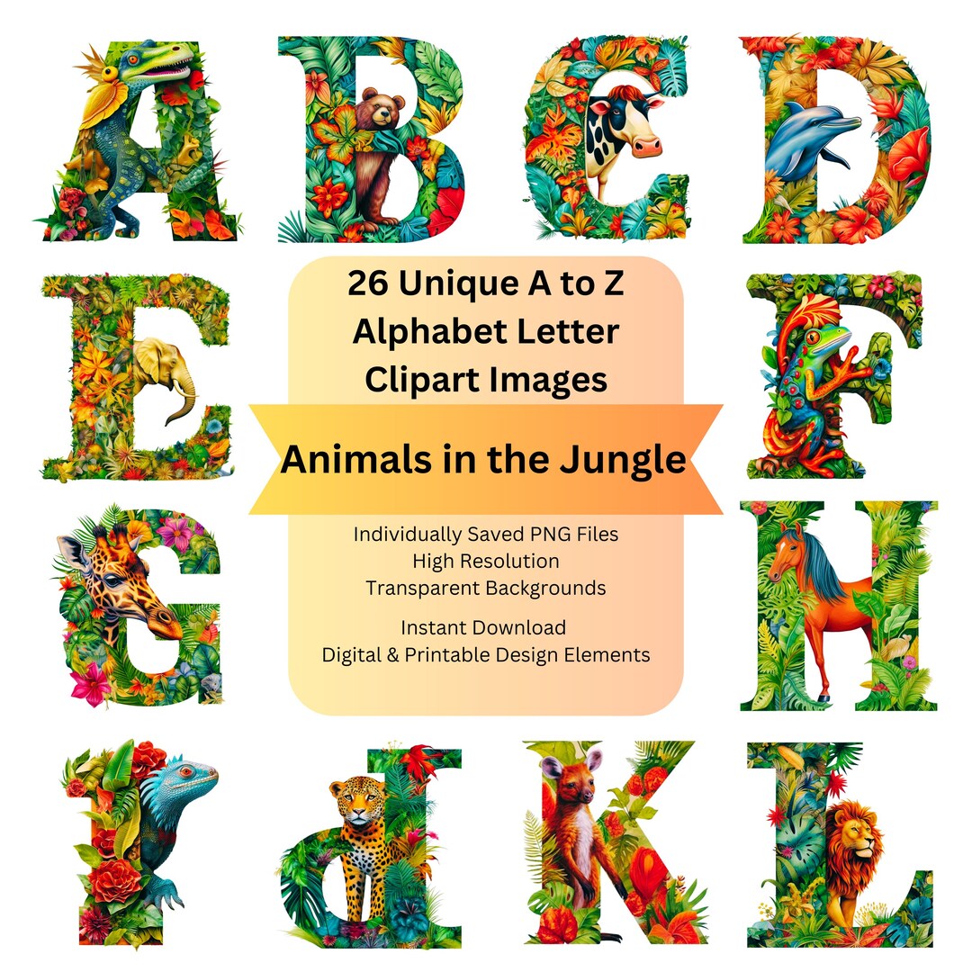 Jungle Animal Alphabet Clipart Commercial Use Digital Art for Banners ...