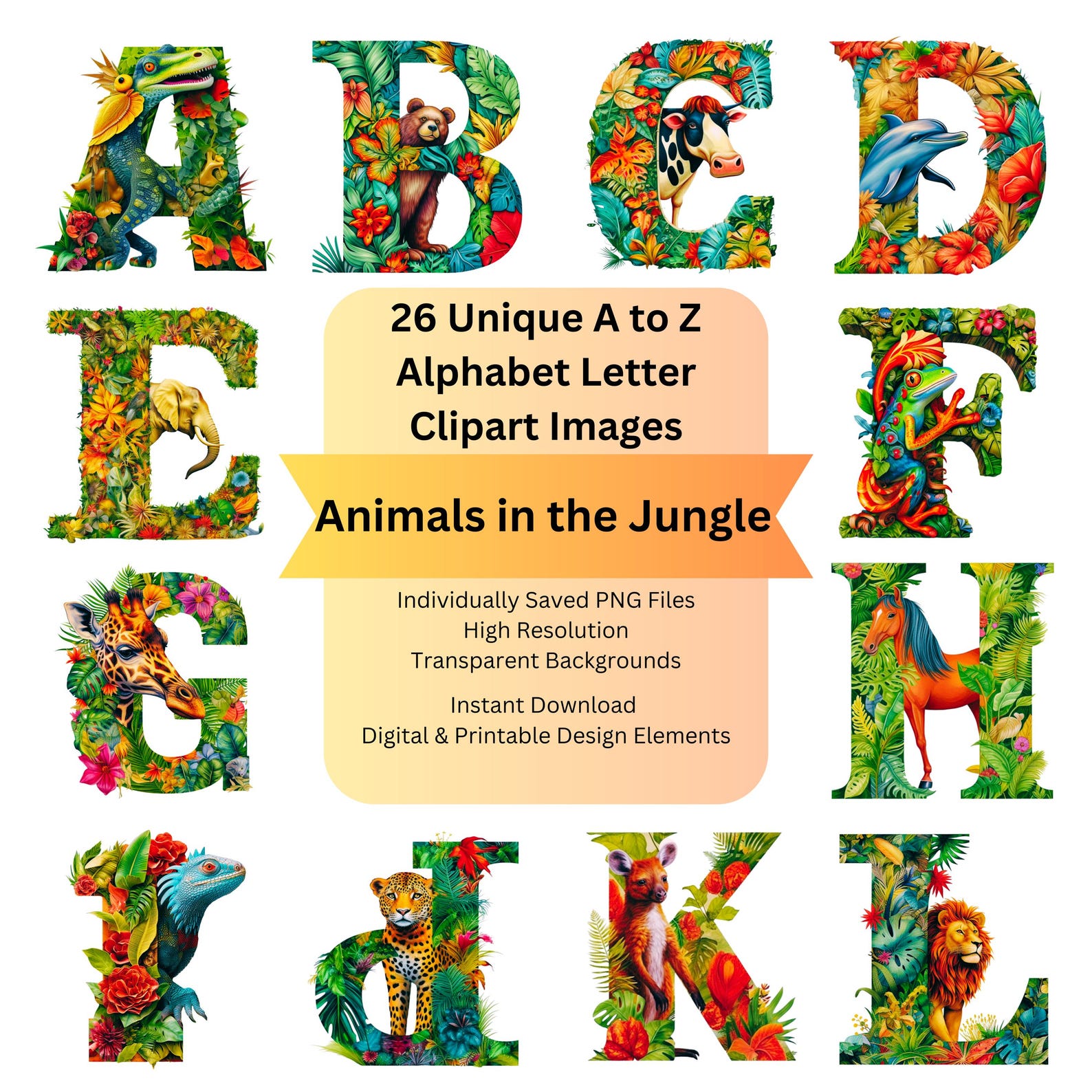 Jungle Animal Alphabet Clipart Commercial Use Digital Art for Banners ...