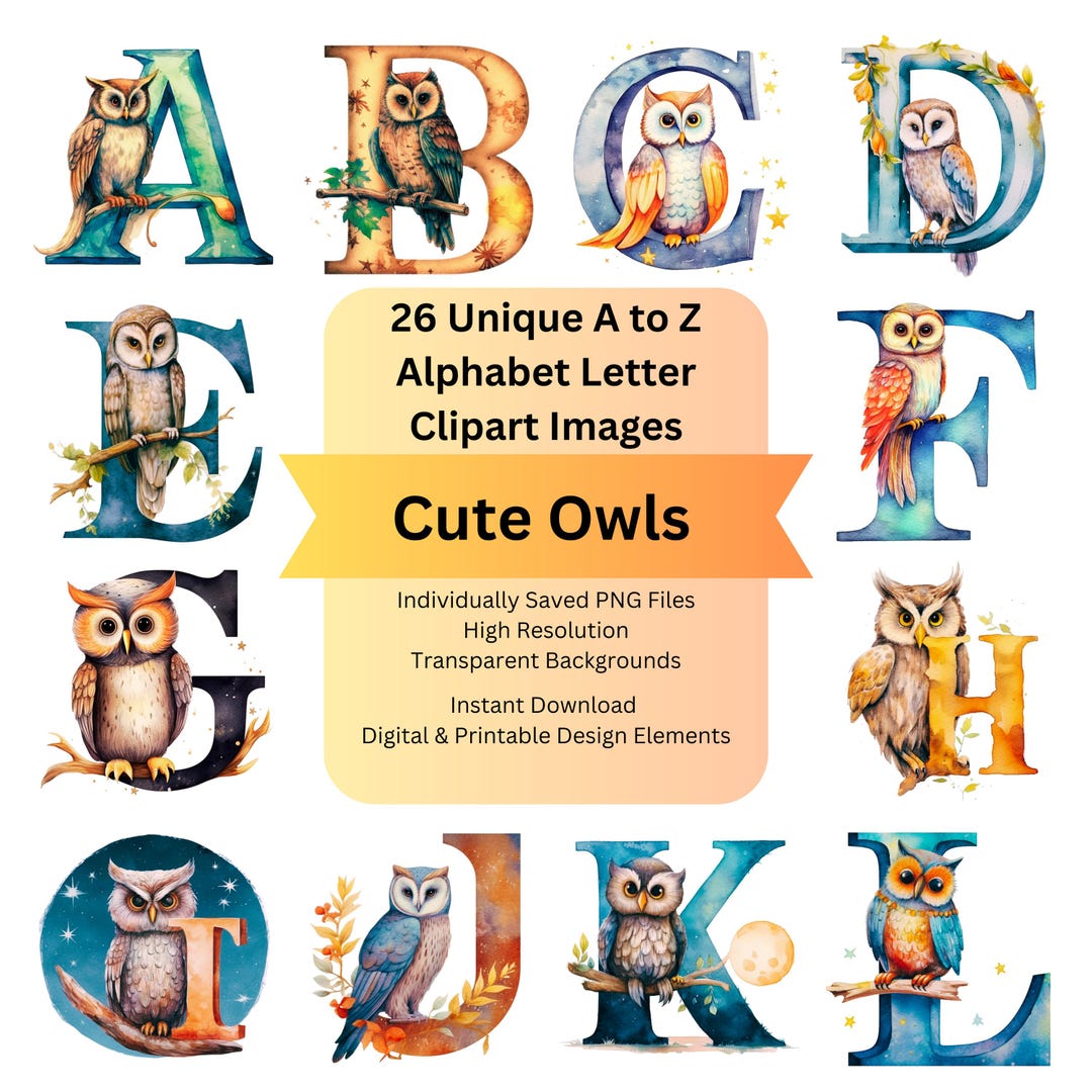 Watercolor Owl Alphabet Clipart: A-Z PNG Letters (digital Files) - Etsy ...