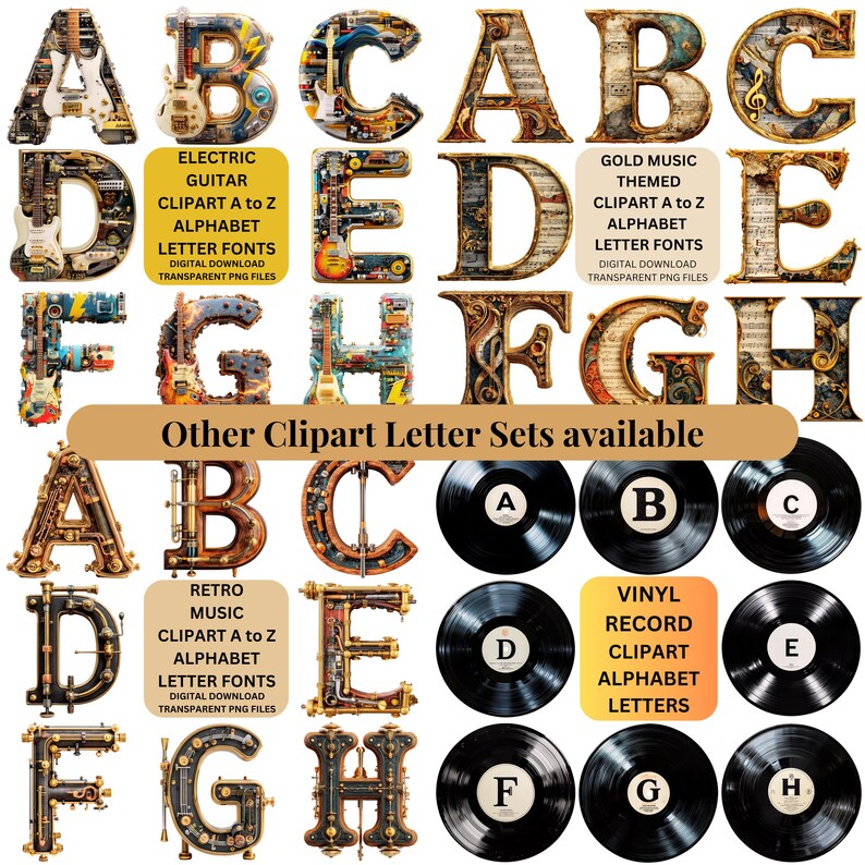 Vintage Music Clipart Alphabet Letters | Musical Instrument PNG ...
