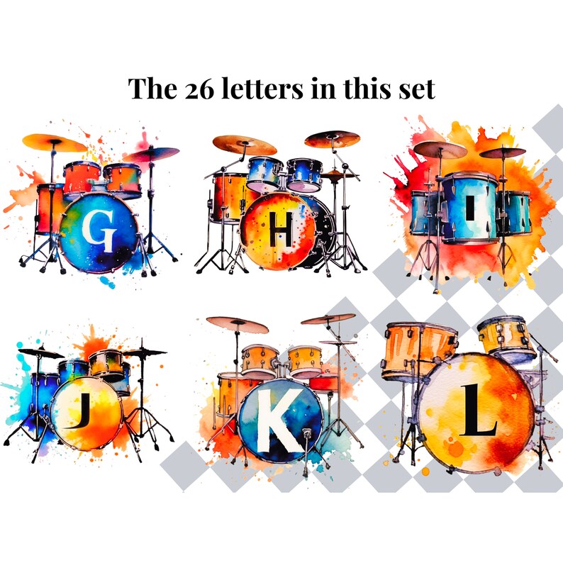 Watercolor Drum Set Alphabet Clipart: A-Z PNG Letters (digital Download ...