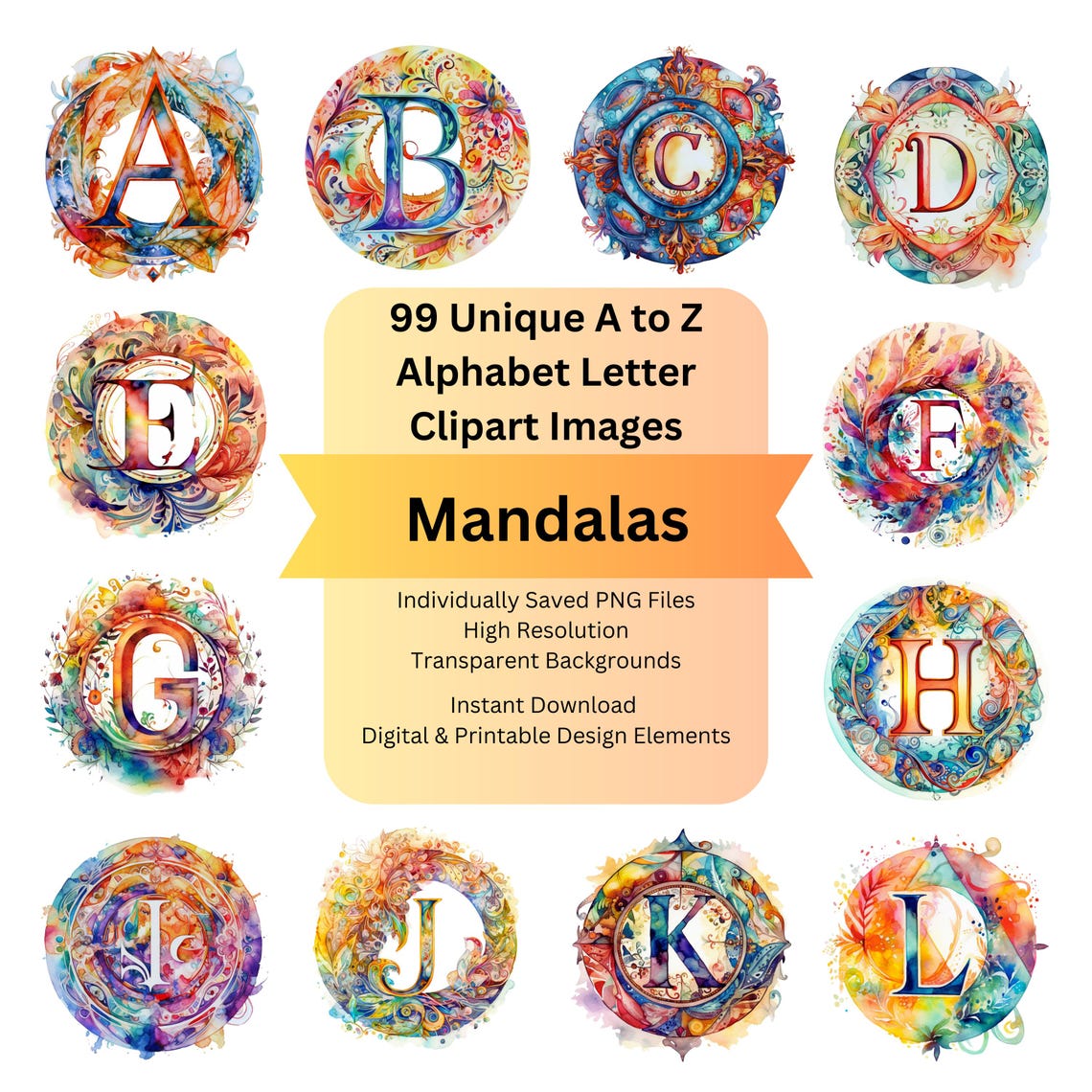 Watercolor Mandala Alphabet Clipart: A-Z PNG Font (digital Download) - Etsy