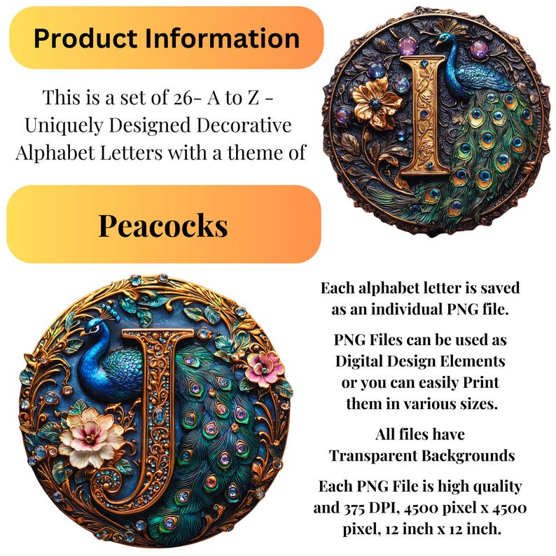 Peacock Clipart PNG Alphabet Letters for Cricut Designs, Bird Clip Art ...