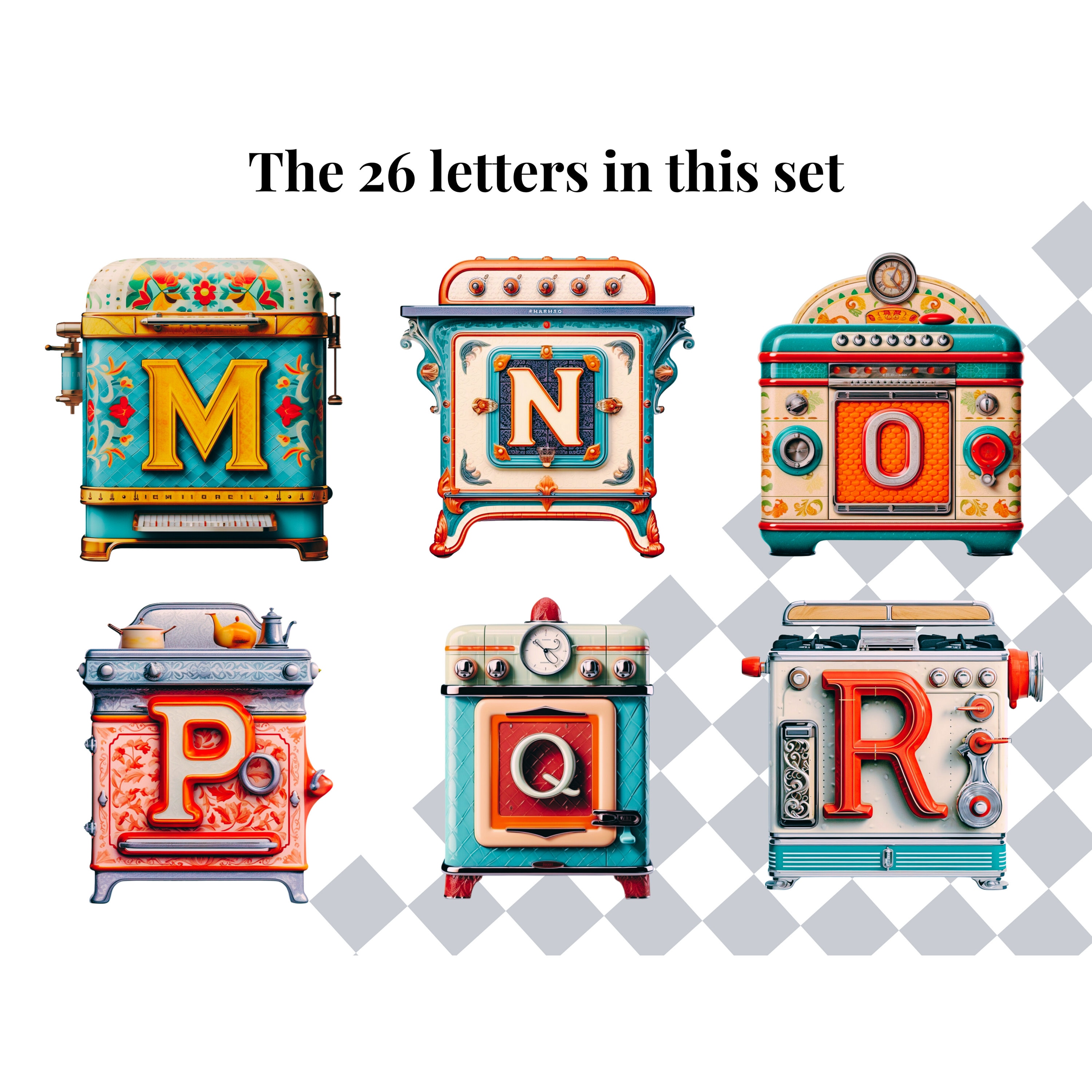 Retro Kitchen Clipart Alphabet: Vintage Stove Letters (PNG Digital ...