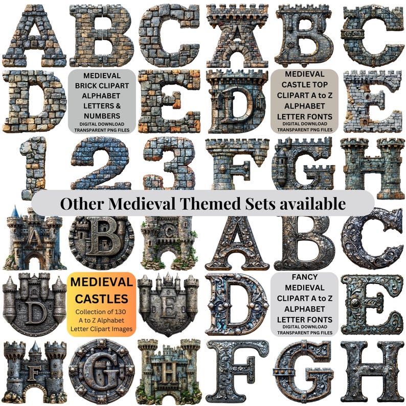 Medieval Castle Clipart PNG Alphabet Letters | Stone Lettering ...