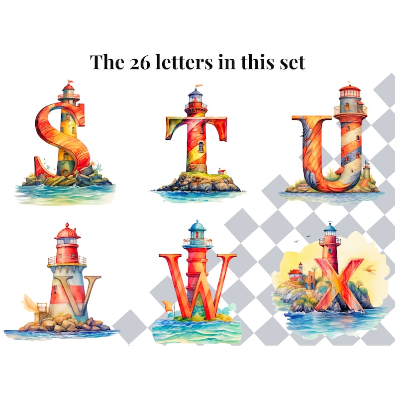 Lighthouse Alphabet Clipart: Watercolor Letters, Scrapbooking (digital ...