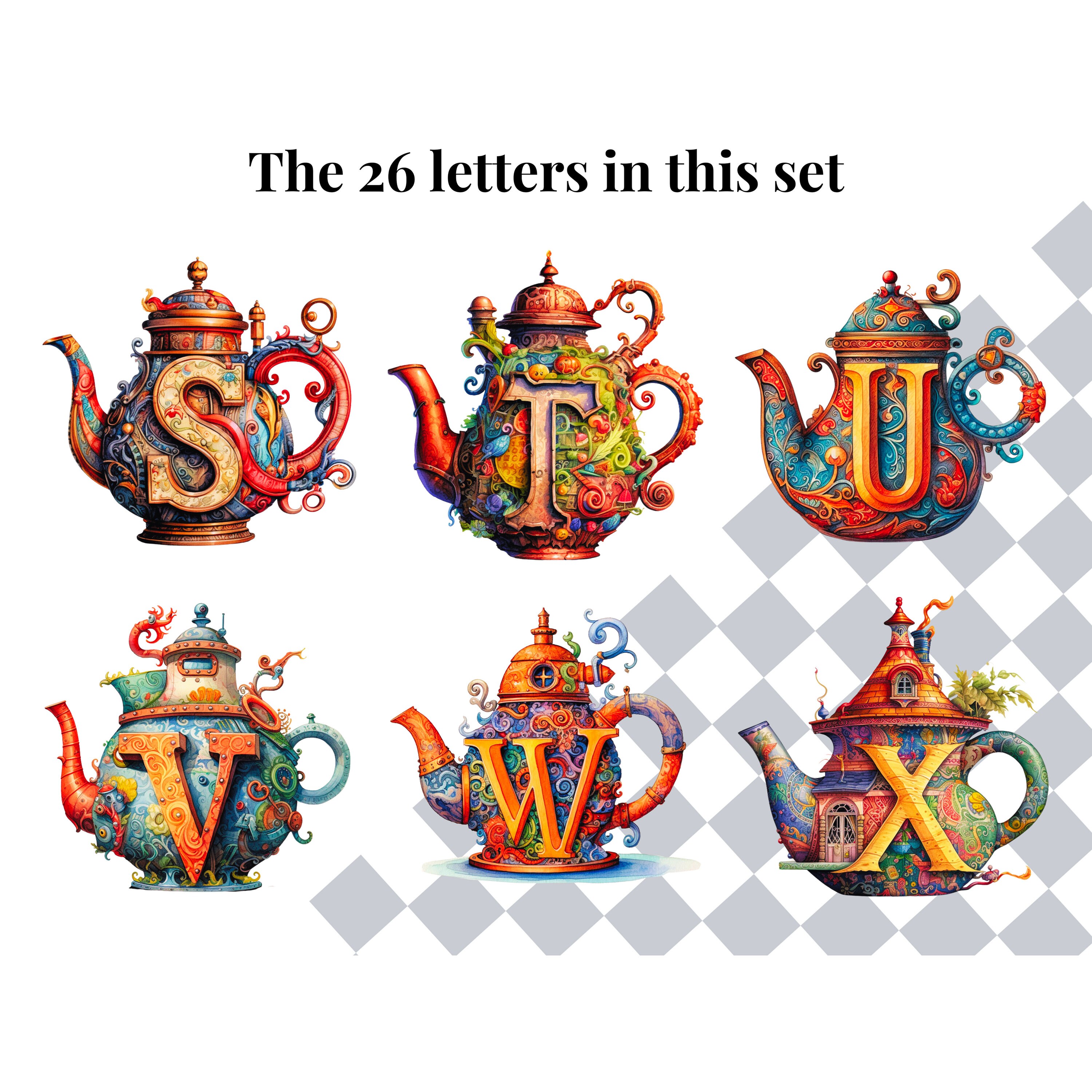 Fantasy Teapot Alphabet Clipart: A-Z Letters PNG (digital Download ...