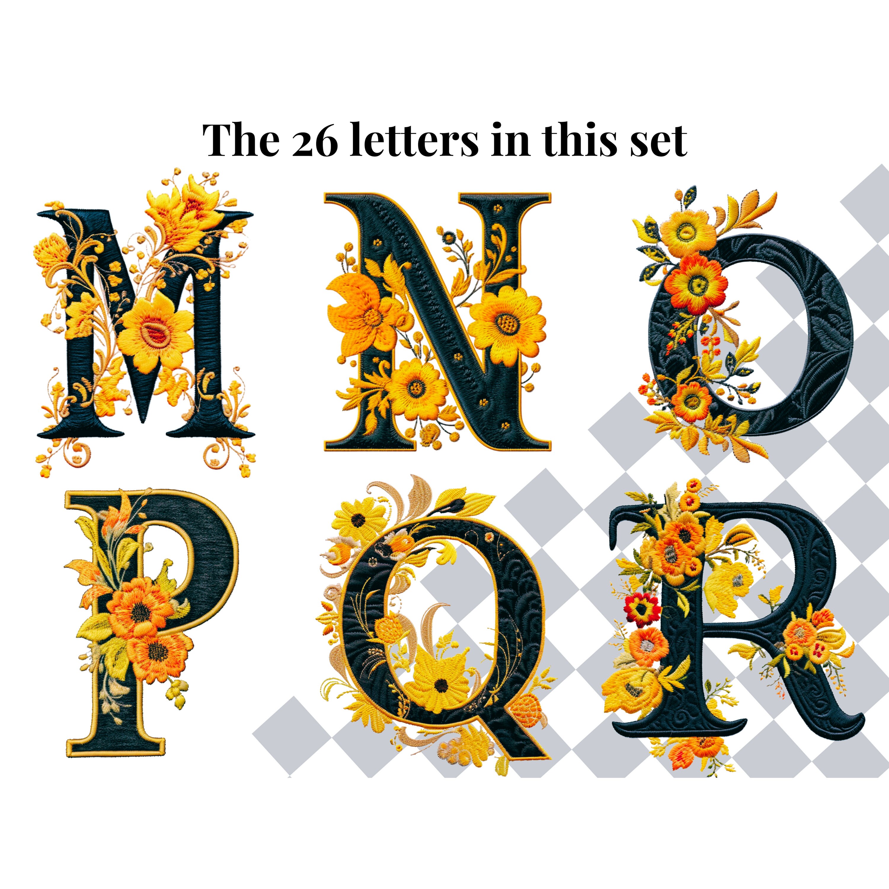 Floral Embroidery Alphabet Clipart: Yellow Flower Letters (digital ...