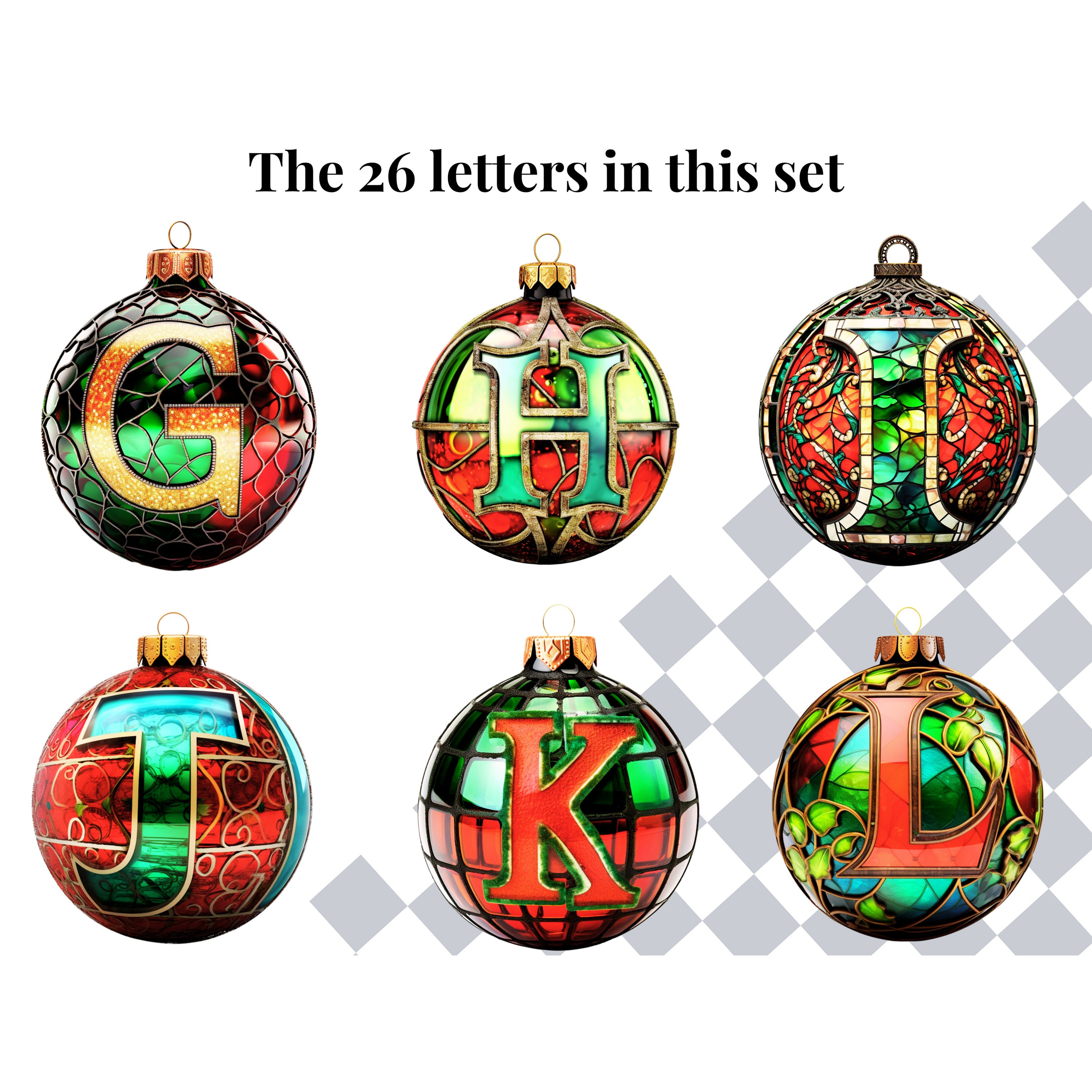 Christmas Stained Glass Alphabet Clipart: Bauble Letters (PNG Digital ...