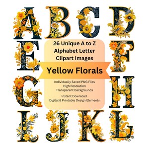 Floral Embroidery Alphabet Clipart: Yellow Flower Letters (digital ...