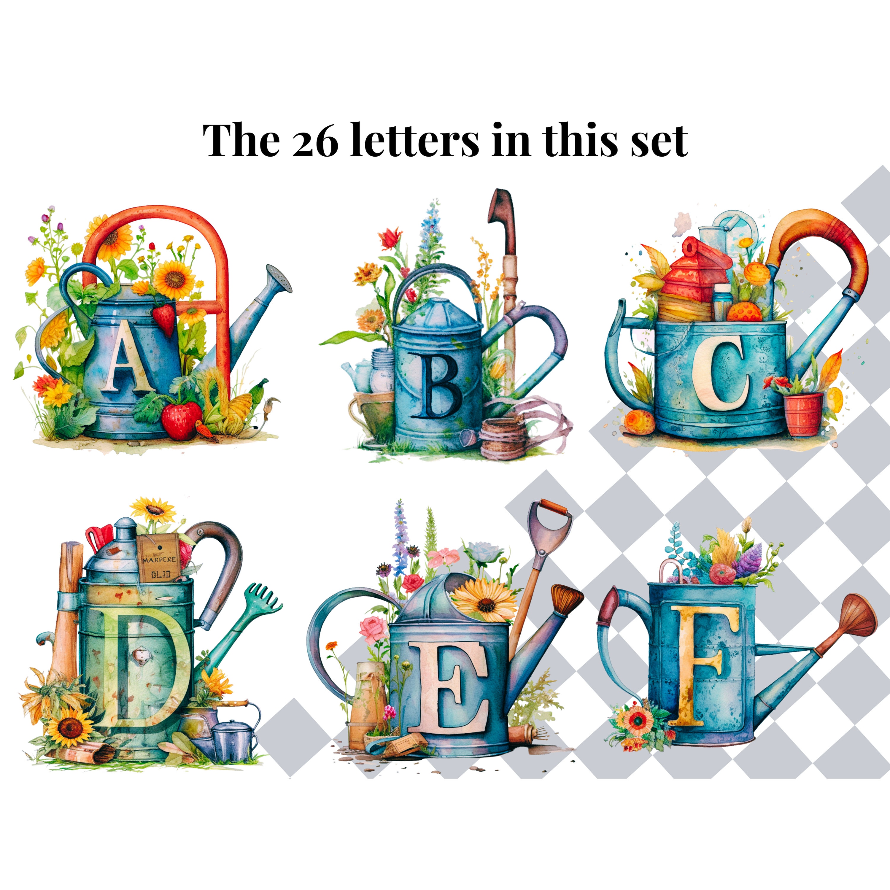 Watercolor Clipart Alphabet Letters PNG Files for Gardening Digital ...