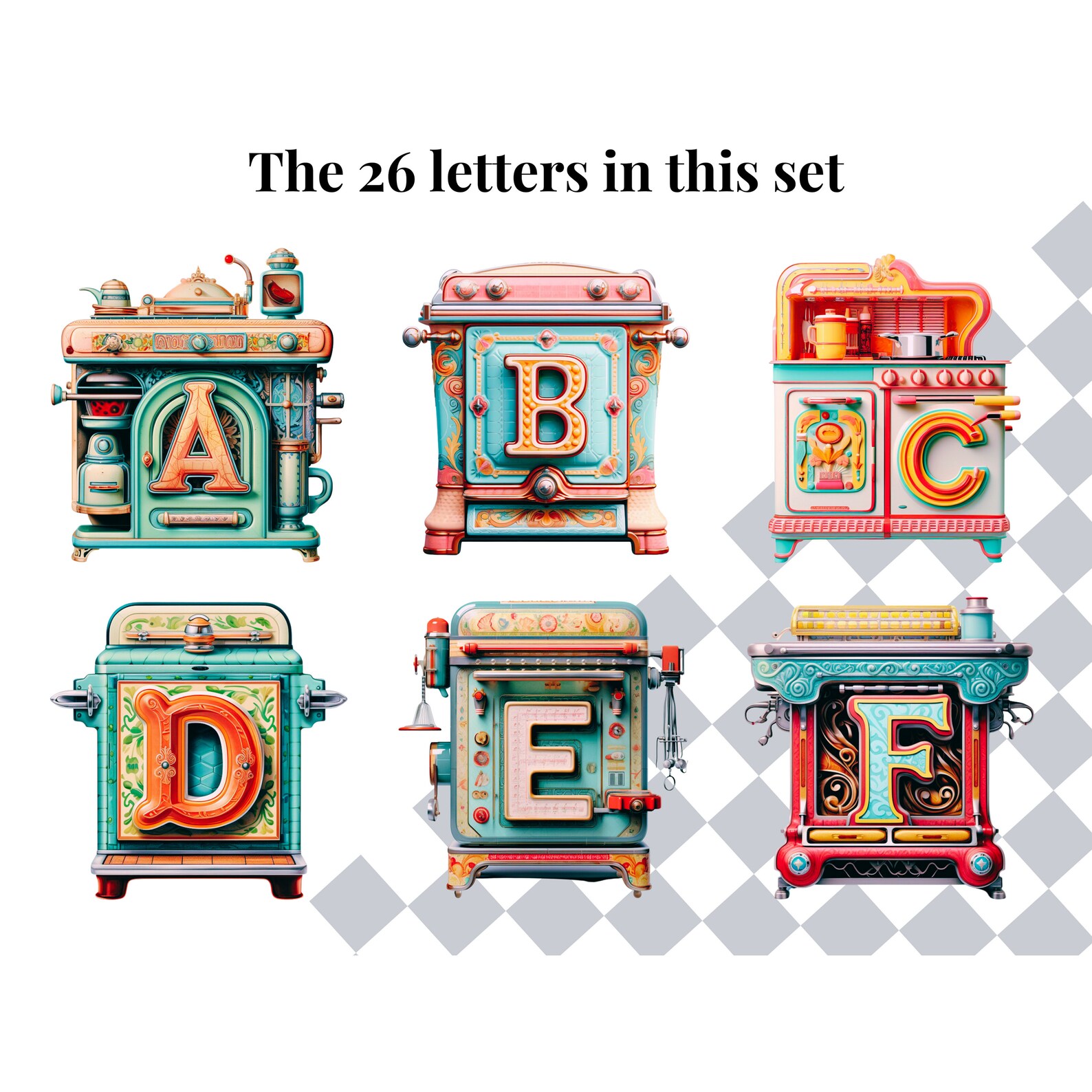 Retro Kitchen Clipart Alphabet: Vintage Stove Letters (PNG Digital ...