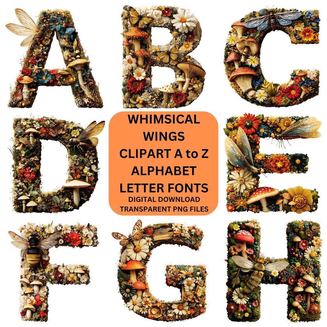 Floral Clipart Alphabet Letters | Whimsical Wing PNG Font Images ...