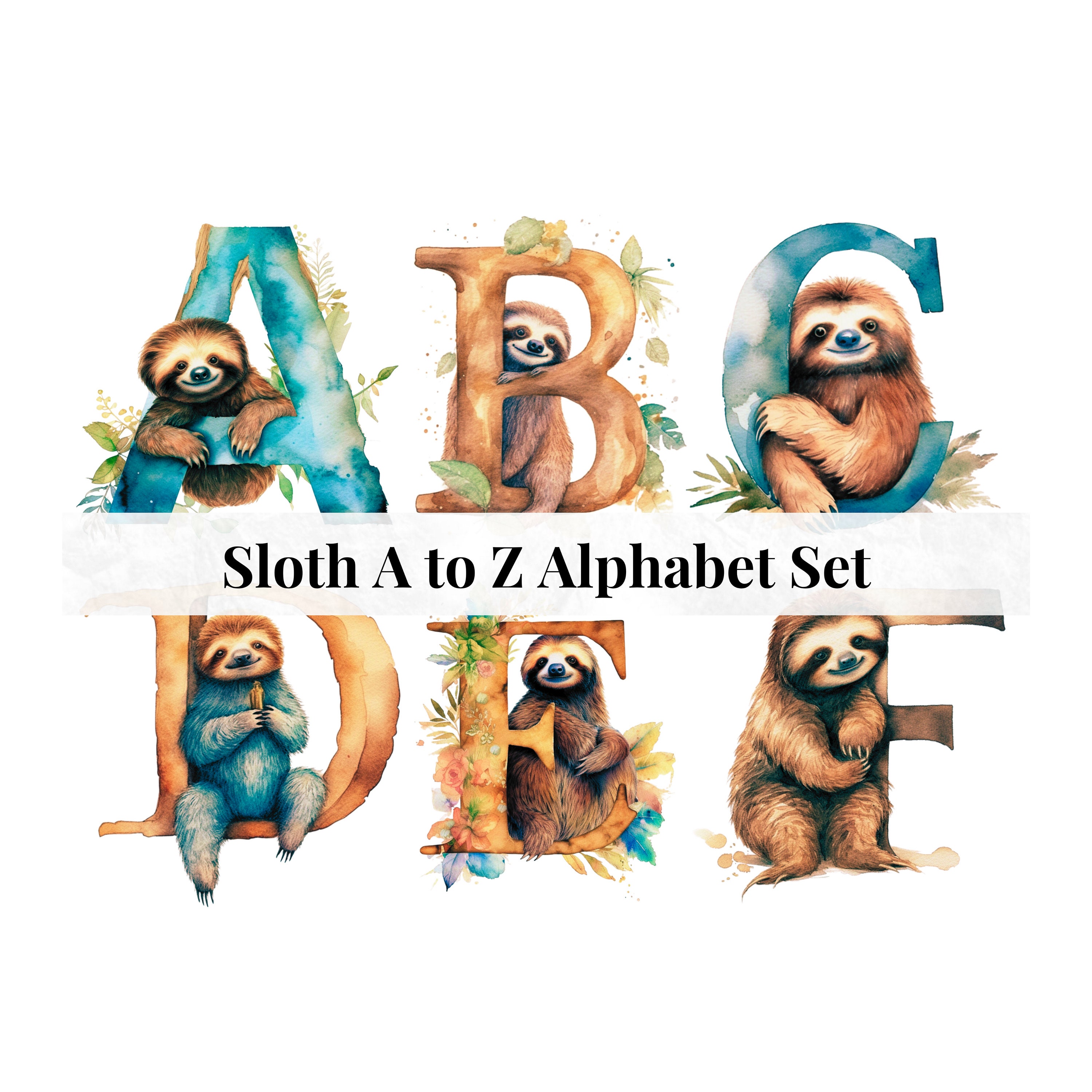 Sloth Clipart Animal Alphabet Watercolor Letters PNG for Cute Fonts ...