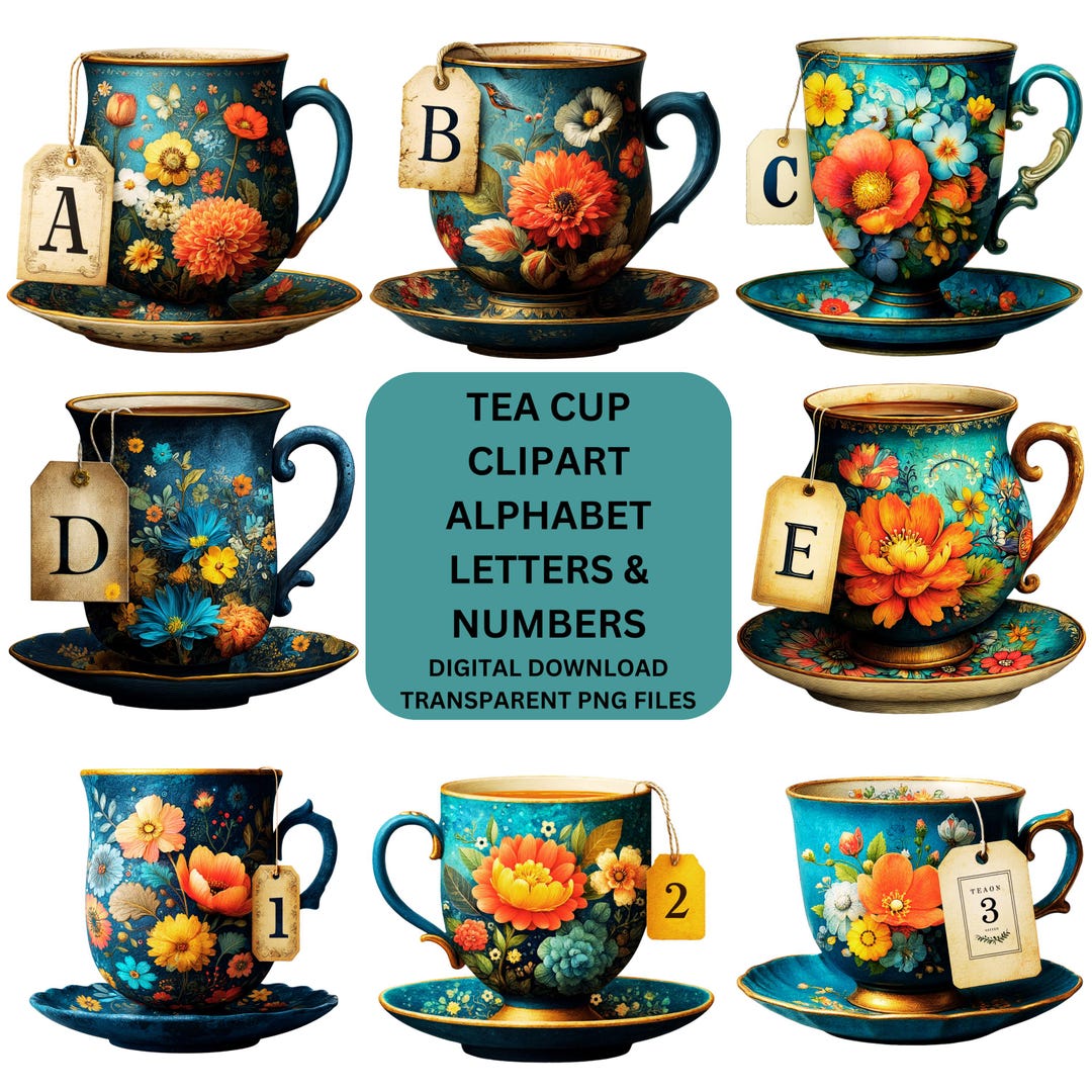Vintage Teacup Clipart Alphabet & Numbers: PNG Files (digital Download ...