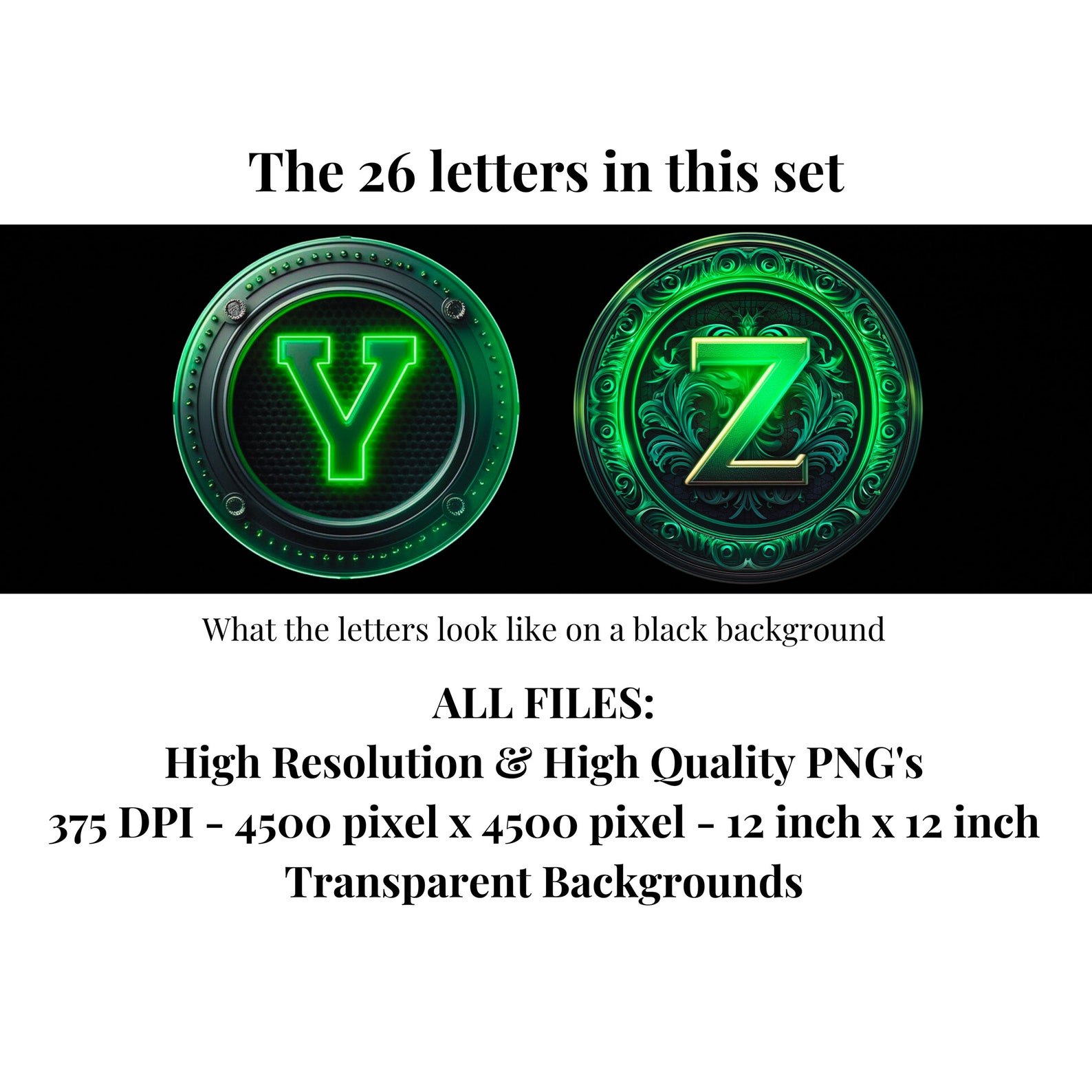 Green Alphabet Clipart Letters | Neon Lettering PNG Files | Circle ...