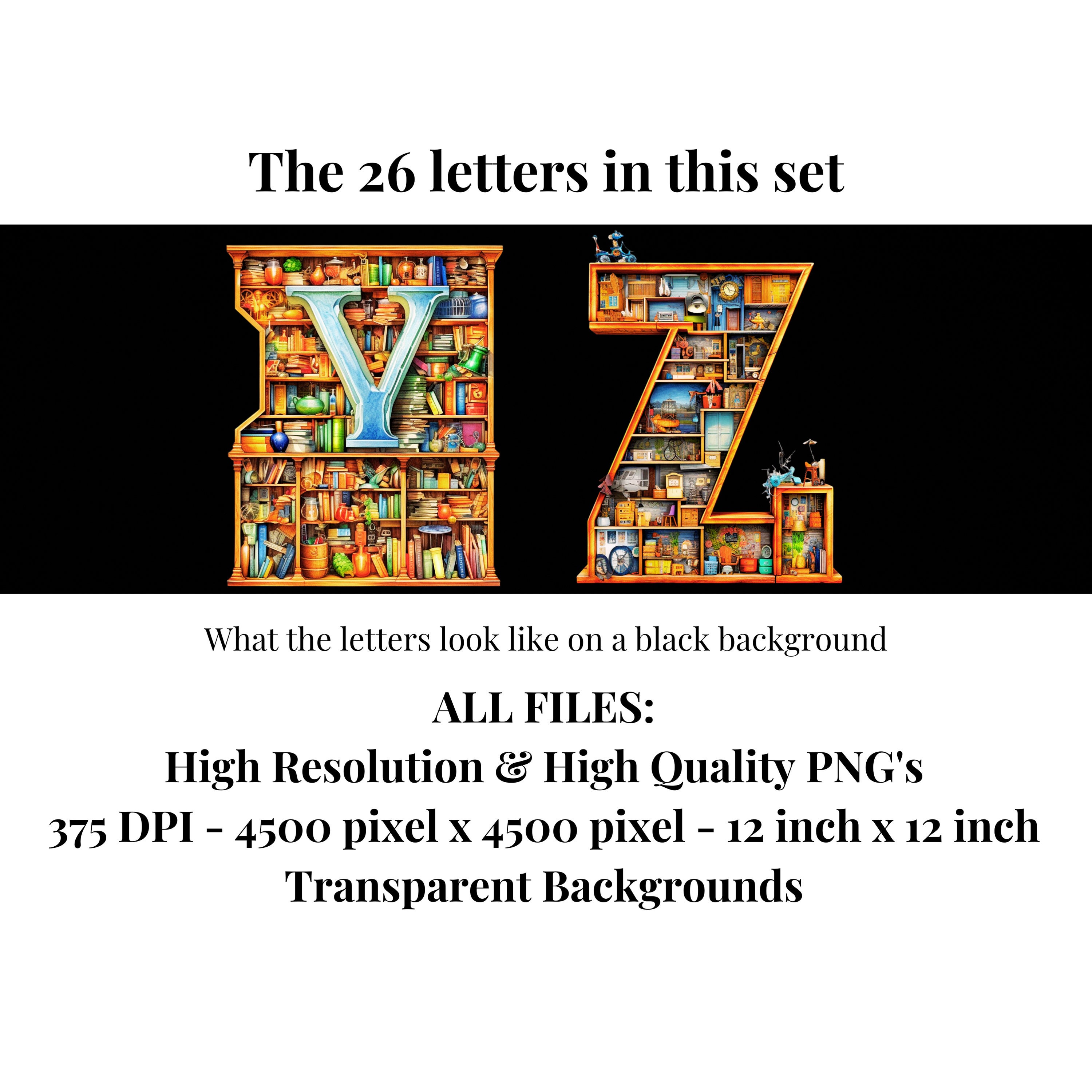 Library Clipart Alphabet Letters PNG Files for Digital Download ...