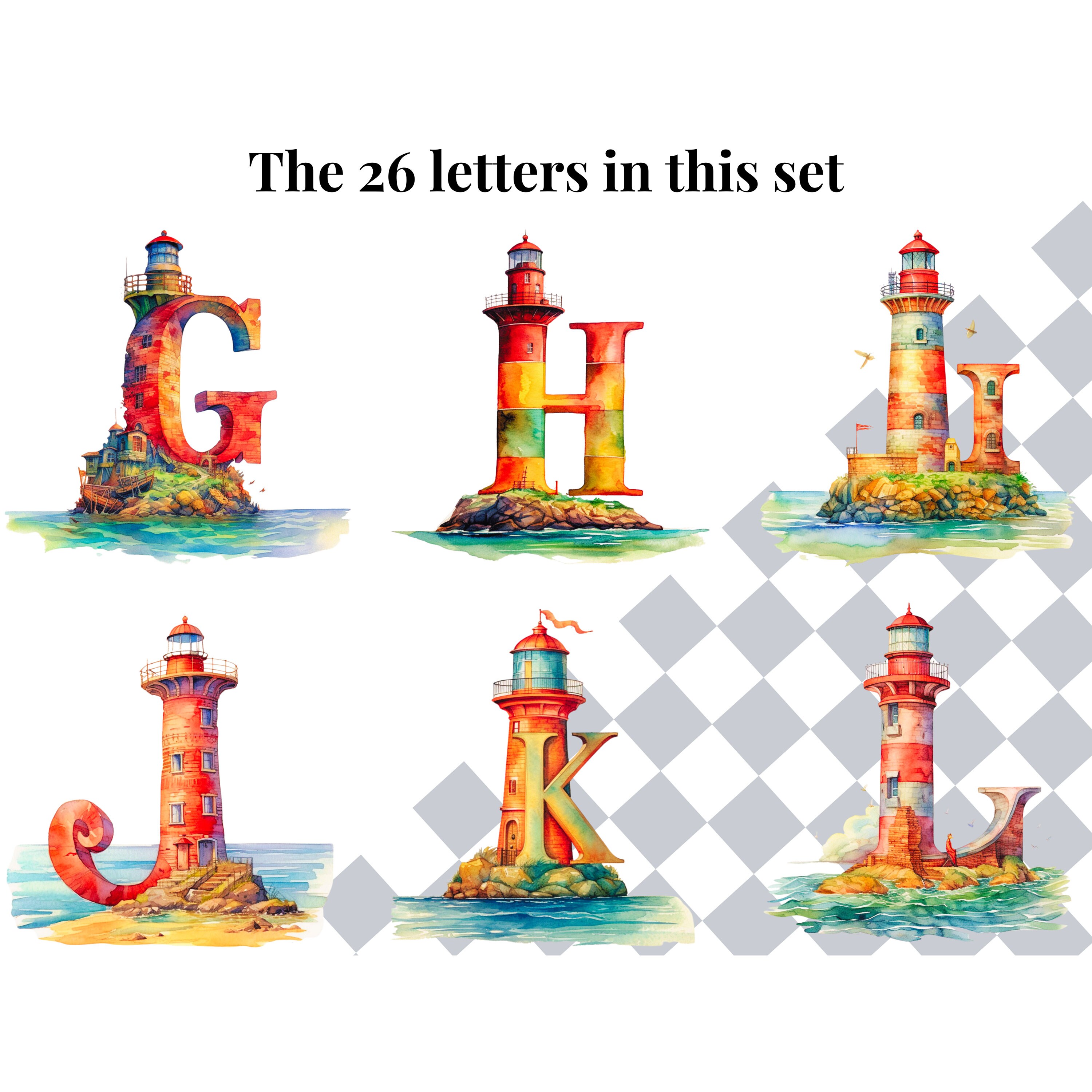 Lighthouse Alphabet Clipart: Watercolor Letters, Scrapbooking (digital ...