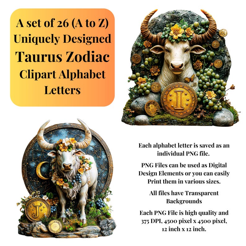 Taurus Zodiac Clipart Alphabet: Celestial Star Sign Letters (PNG) - Etsy