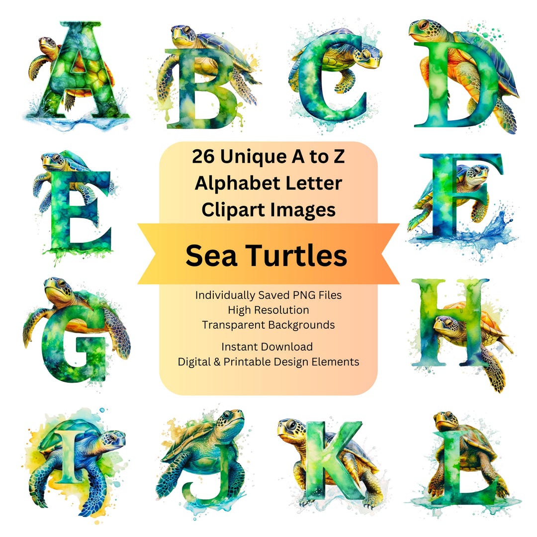 Sea Turtle PNG Watercolor Animals Alphabet Clipart for Under the Sea ...