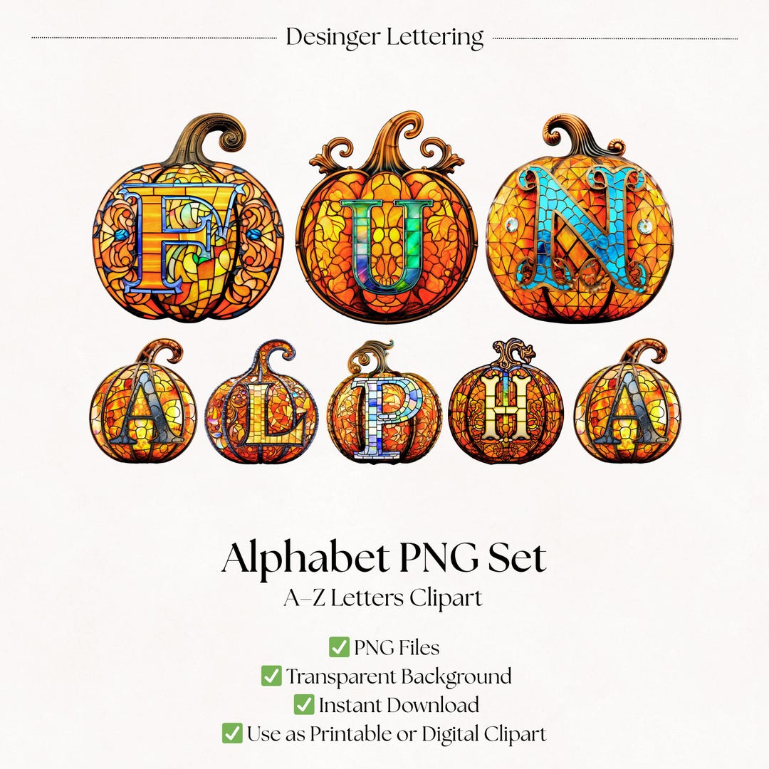 Stained Glass Pumpkin Clipart Alphabet Letters | Fall PNG Fonts ...