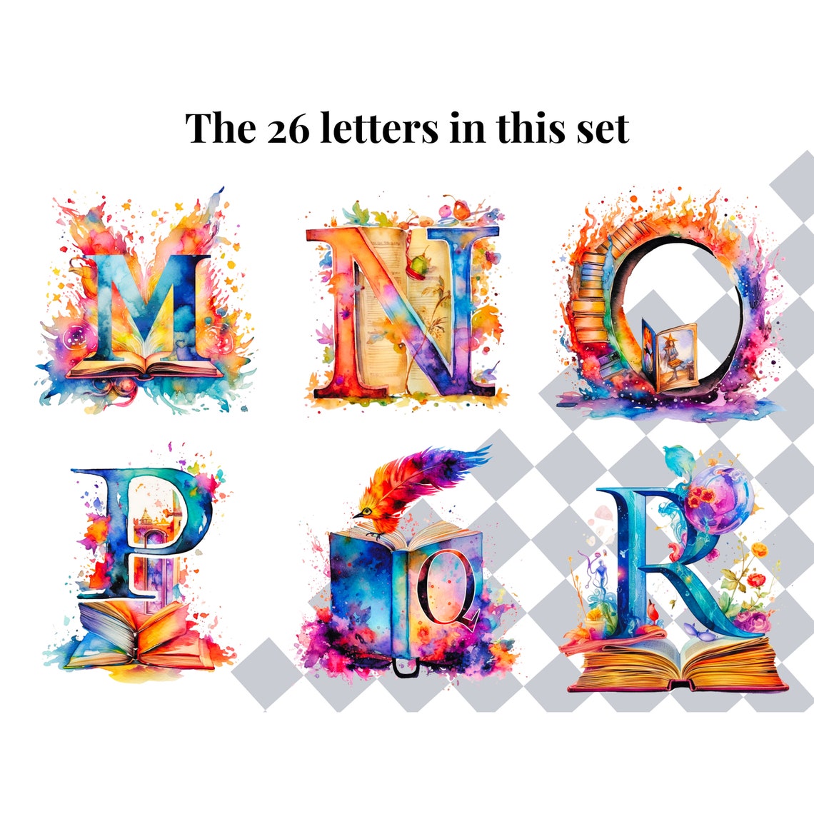 Library Book Clipart Alphabet Letters PNG Files for Watercolor Digital ...