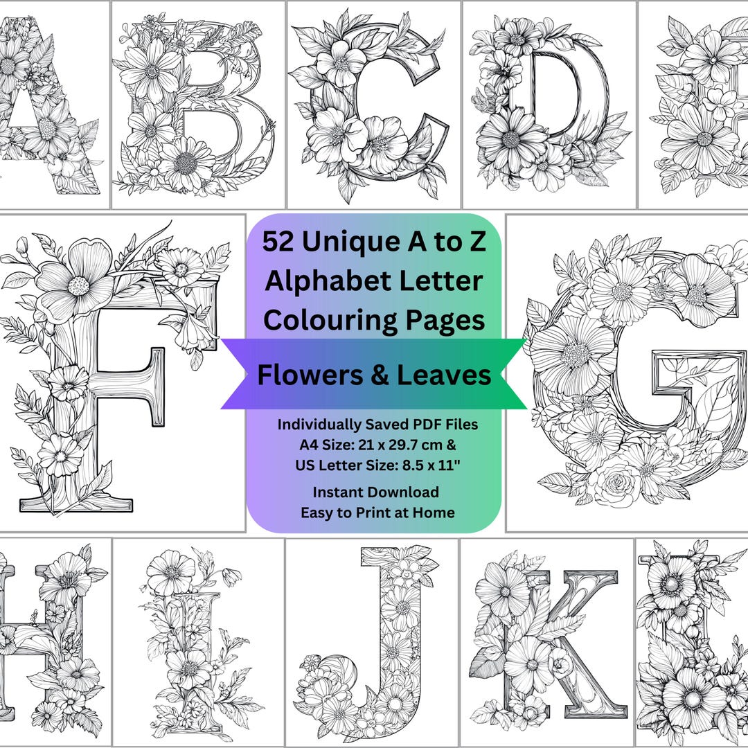 Botanical Coloring Alphabet Letter Pages, Easy Greyscale Colouring PDF ...