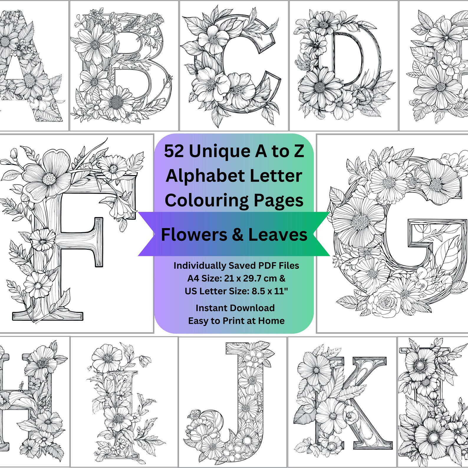 Botanical Coloring Alphabet Letter Pages, Easy Greyscale Colouring PDF ...